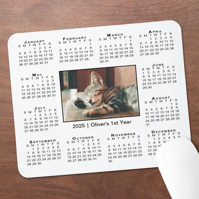 Modern 2025 Calendar Your Photo Name on White Mouse Pad | Zazzle
