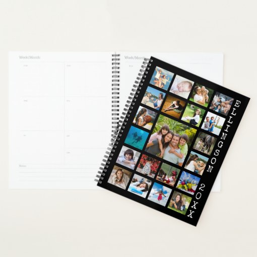 Modern 21 Photo Collage Family Black Personalized Planner | Zazzle