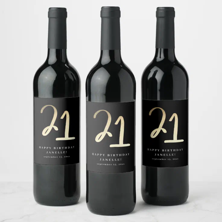 Modern 21st Birthday Black & Gold Script Wine Label | Zazzle