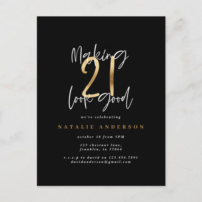Modern 21st birthday typography black and gold postcard | Zazzle