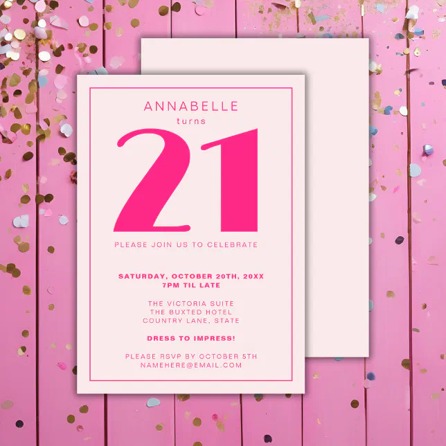 Modern 21st Twenty One Pink Birthday Party Invitation | Zazzle
