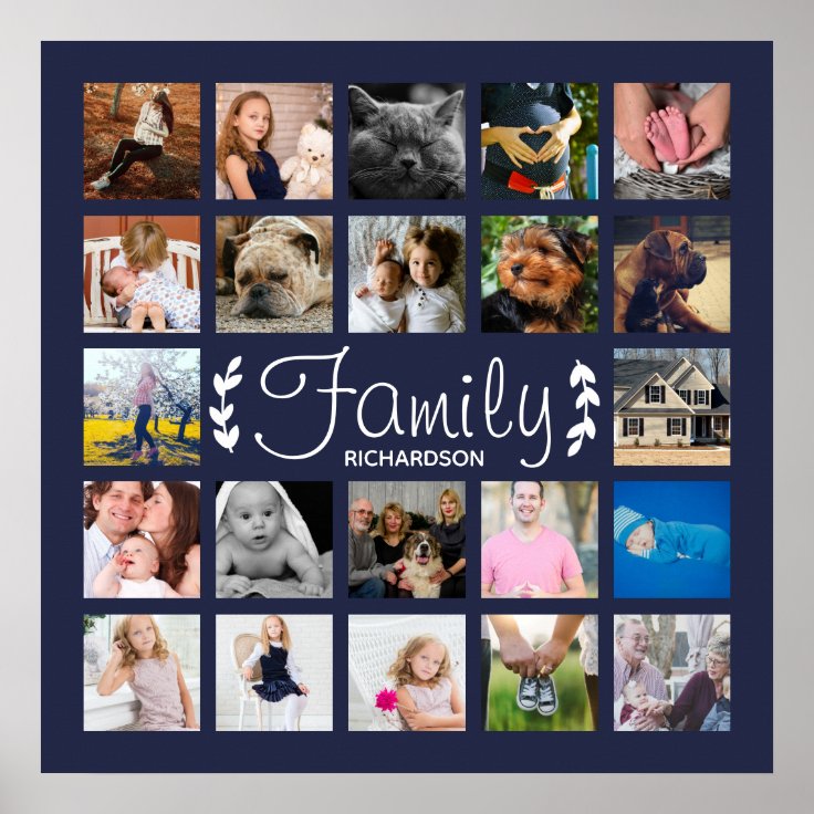 Modern 22 Family Photo Collage Laurels Navy Poster | Zazzle