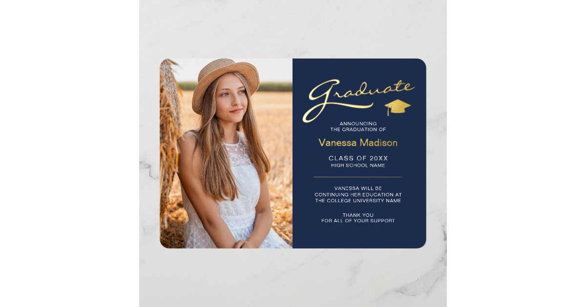 Modern 2 Photo Navy Blue & Gold Foil Grad Card | Zazzle