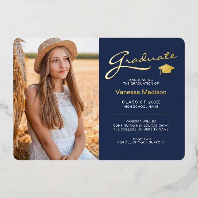 Modern 2 Photo Navy Blue & Gold Foil Grad Card | Zazzle