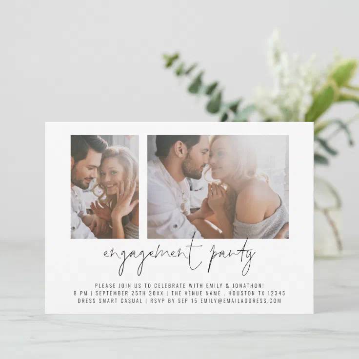 Modern 2 Photo Script Engagement Party Invitation | Zazzle