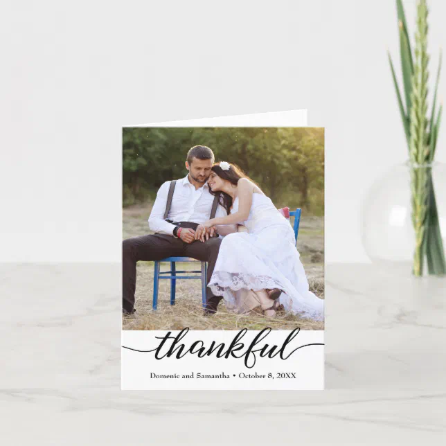 Modern 2 photo script thankful Wedding Thank You Card | Zazzle