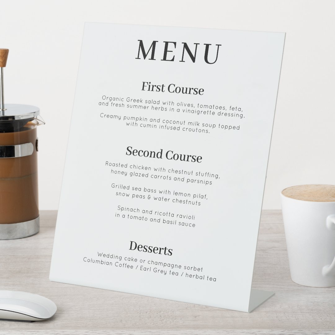 Modern 3 course Wedding Menu Pedestal Sign | Zazzle
