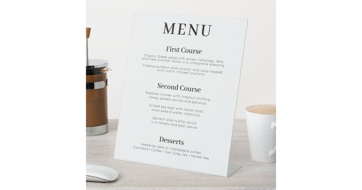 Modern 3 course Wedding Menu Pedestal Sign | Zazzle