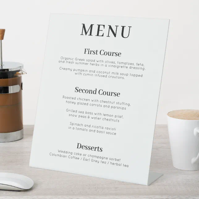 Modern 3 course Wedding Menu Pedestal Sign | Zazzle