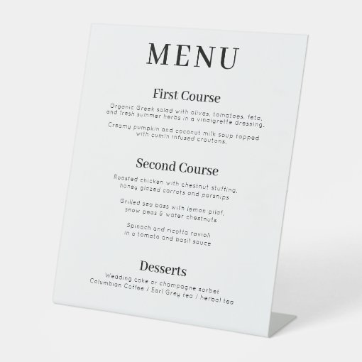 Modern 3 course Wedding Menu Pedestal Sign | Zazzle