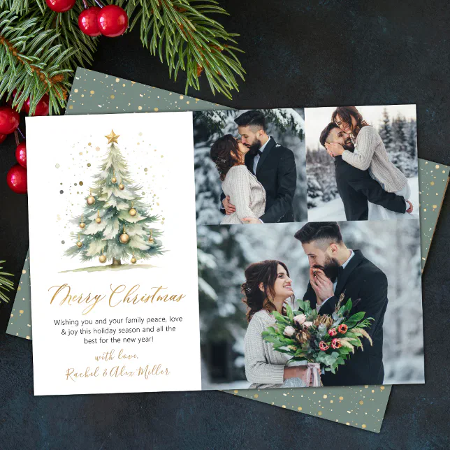 Modern 3 Multi Photo Christmas Tree Holiday Card | Zazzle