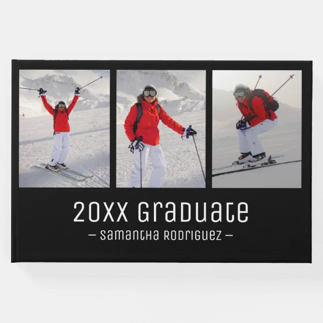 Modern 3 Photo Black White Pattern Graduation Guest Book | Zazzle
