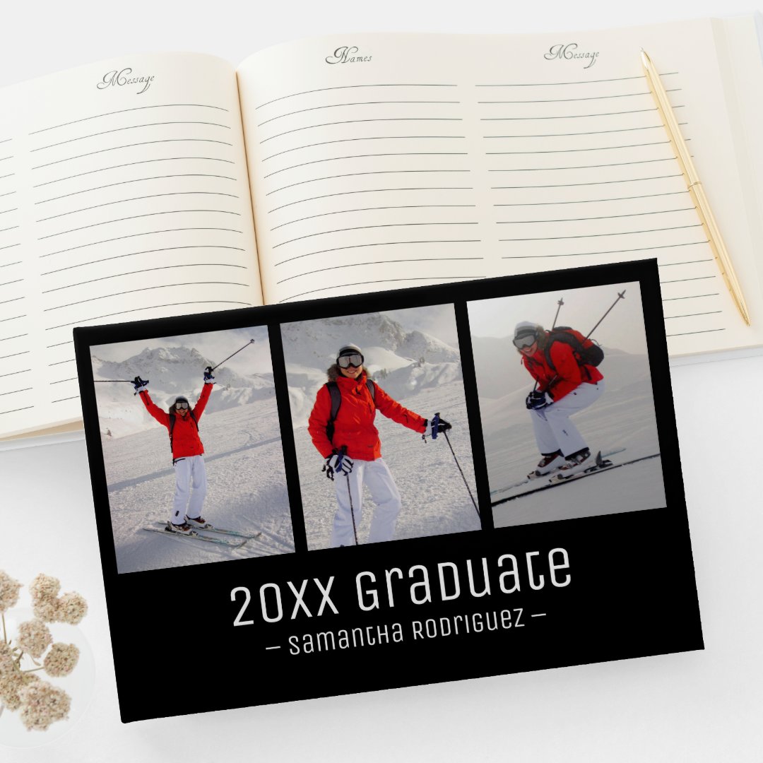 Modern 3 Photo Black White Pattern Graduation Guest Book | Zazzle