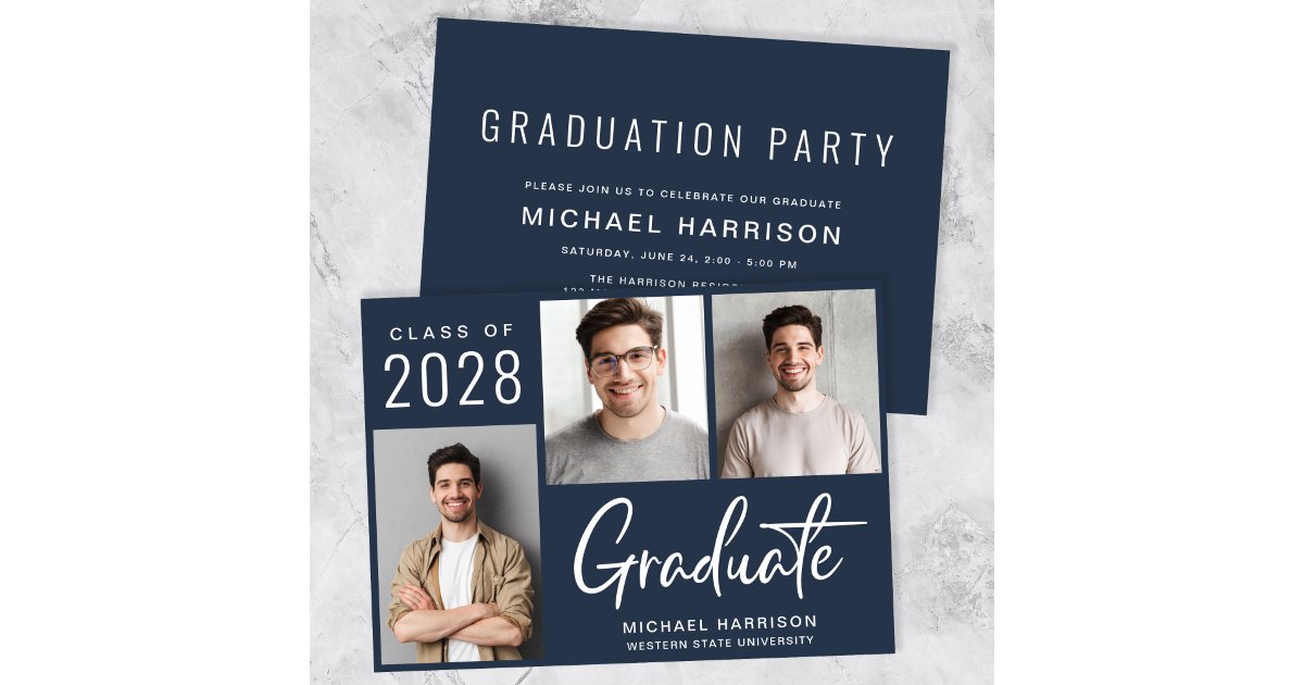 Modern 3 Photo Blue Graduation Party Invitation | Zazzle