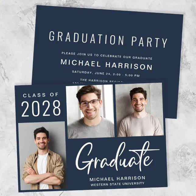 Modern 3 Photo Blue Graduation Party Invitation | Zazzle