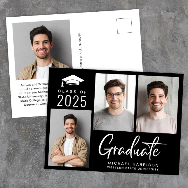 Modern 3 Photo Bold Script Black Graduation Announcement Postcard | Zazzle