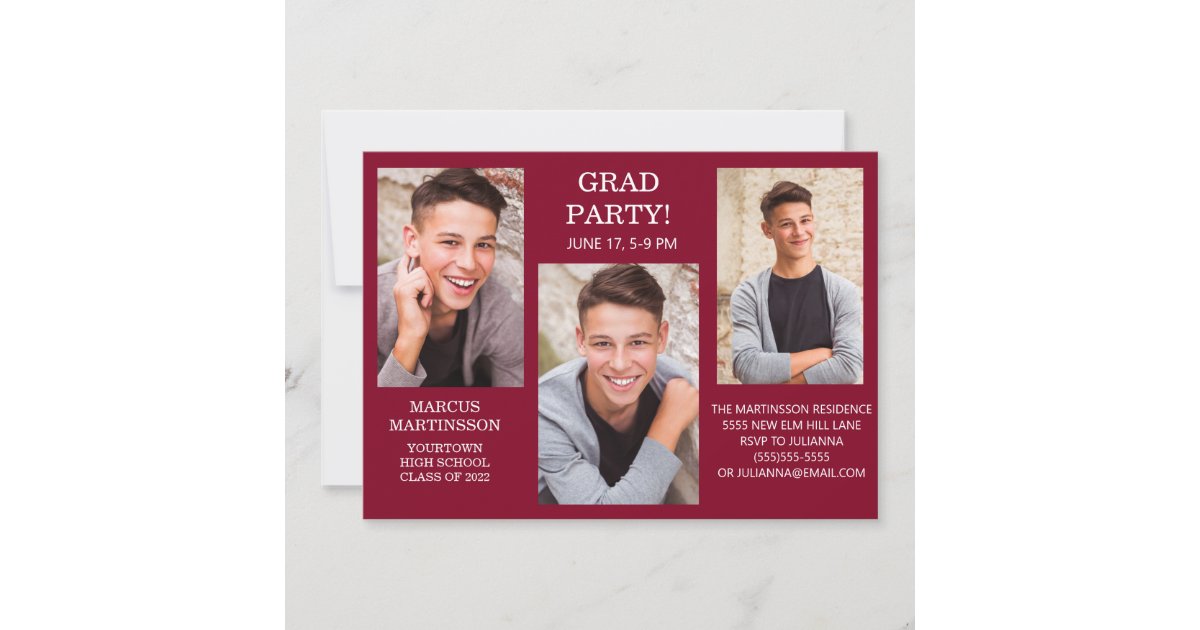 Modern 3 Photo Burgundy Graduation Party Invitation | Zazzle