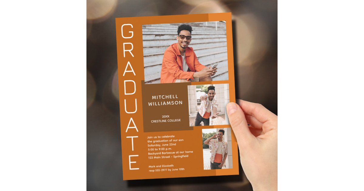Modern 3 Photo Burnt Orange Graduation Invitation | Zazzle
