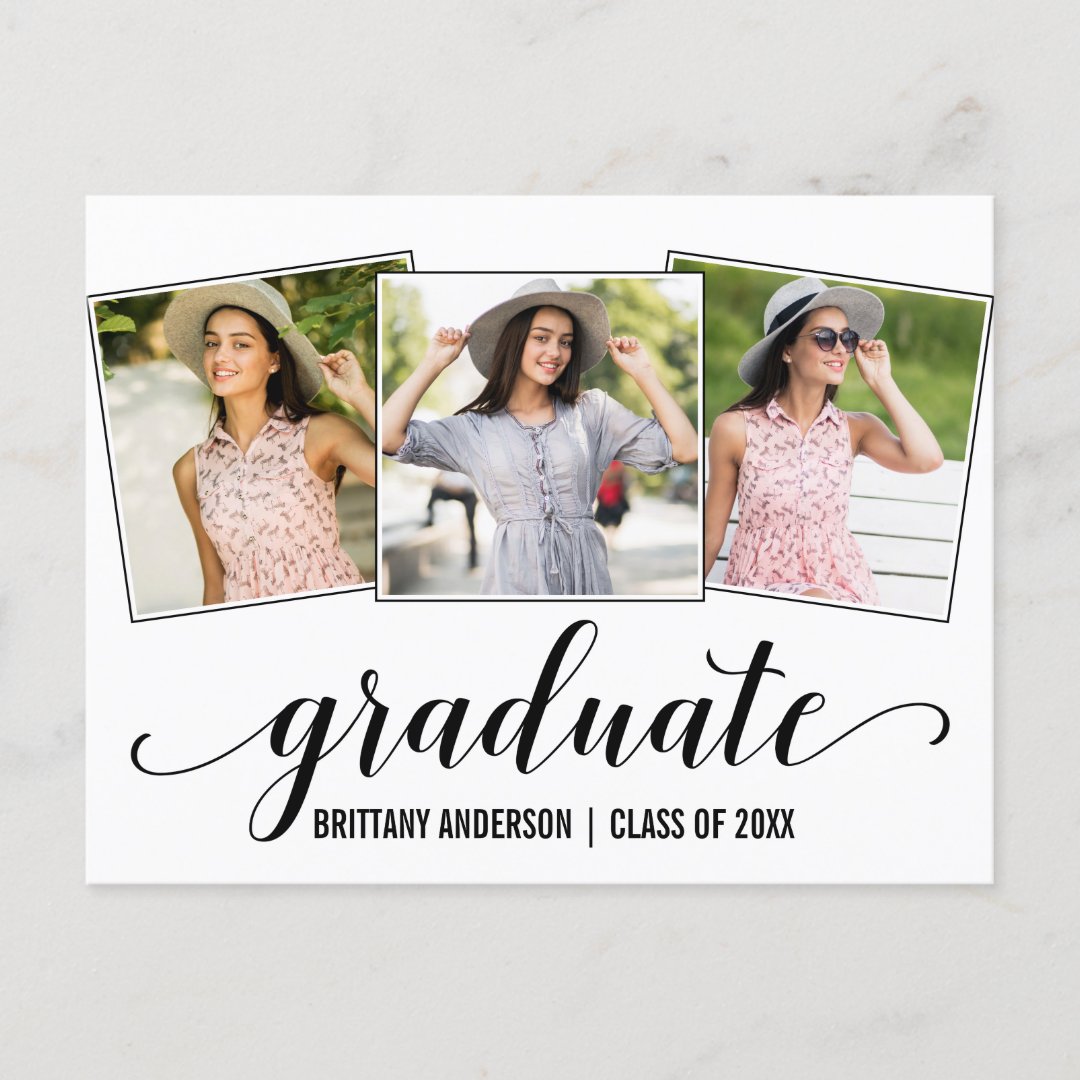 Modern 3 Photo Calligraphy Graduation Party Invitation Postcard | Zazzle