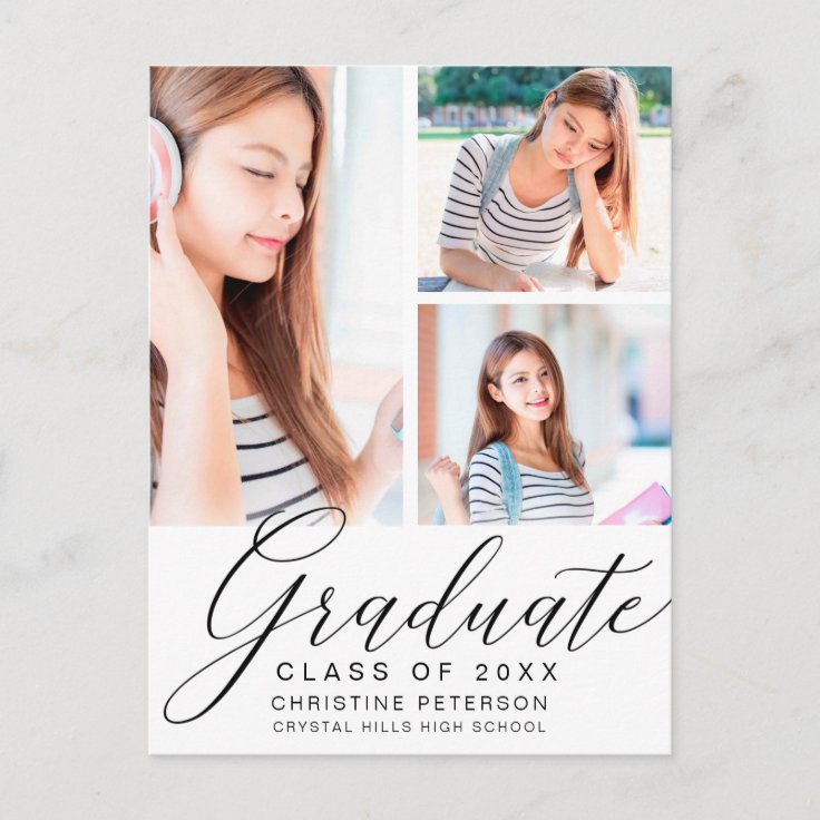 Modern 3 Photo Collage Black Script Graduation Postcard | Zazzle
