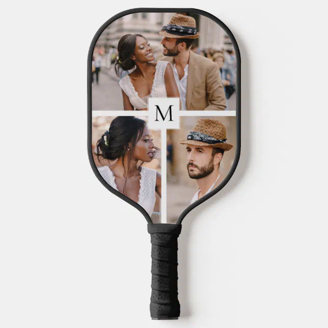 Modern 3 Photo Collage Monogram Pickleball Paddle | Zazzle