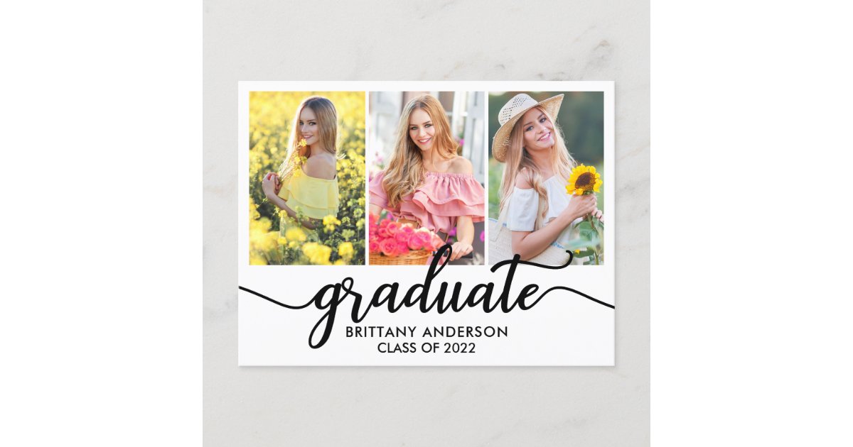 Modern 3 Photo Graduation Announcement Postcard | Zazzle