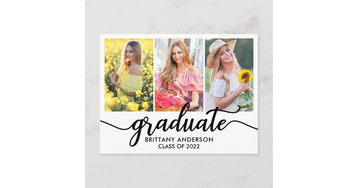 Modern 3 Photo Graduation Announcement Postcard | Zazzle