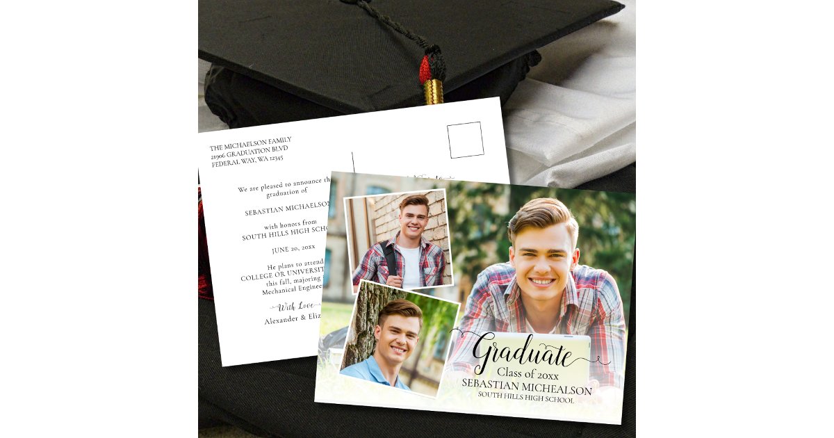 Modern 3 Photo Graduation Announcement Postcard | Zazzle