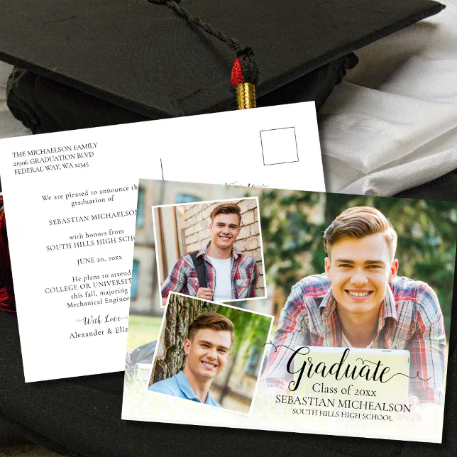 Modern 3 Photo Graduation Announcement Postcard | Zazzle