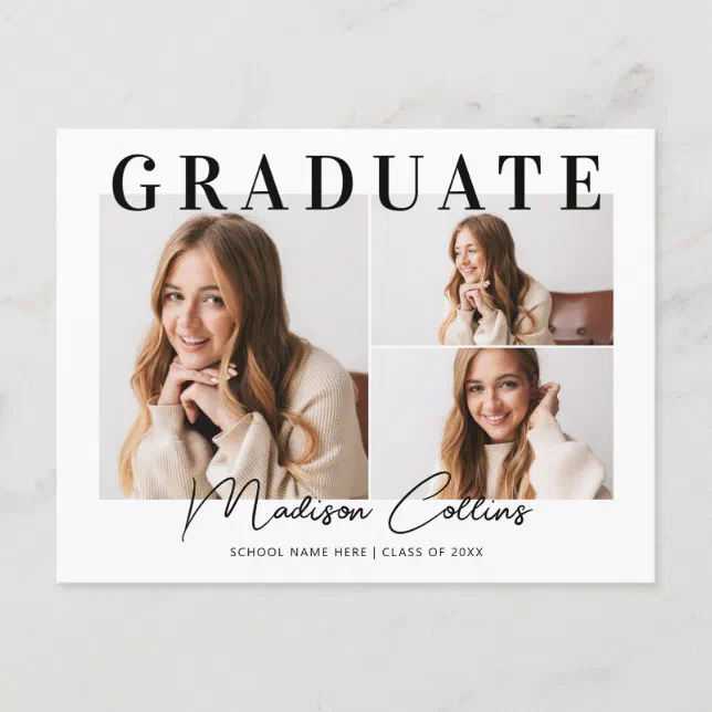 Modern 3 Photo Graduation Party Invitation Postcard | Zazzle