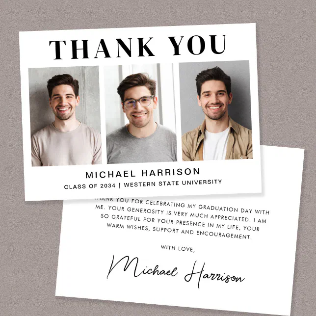 Modern 3 Photo Graduation Thank You Card | Zazzle