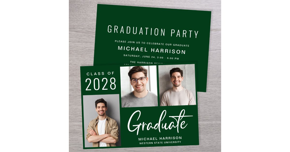 Modern 3 Photo Green Graduation Party Invitation | Zazzle