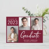 Modern 3 Photo Script Burgundy Graduation Announcement | Zazzle