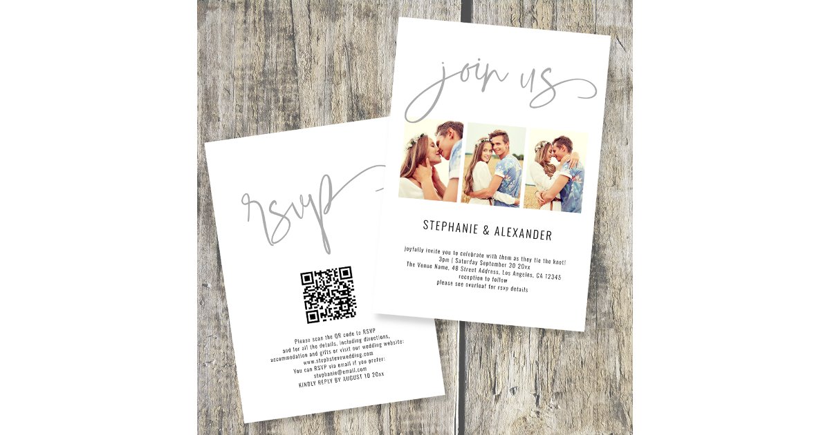 Modern 3 Photos Join Us Script Wedding Invitation | Zazzle