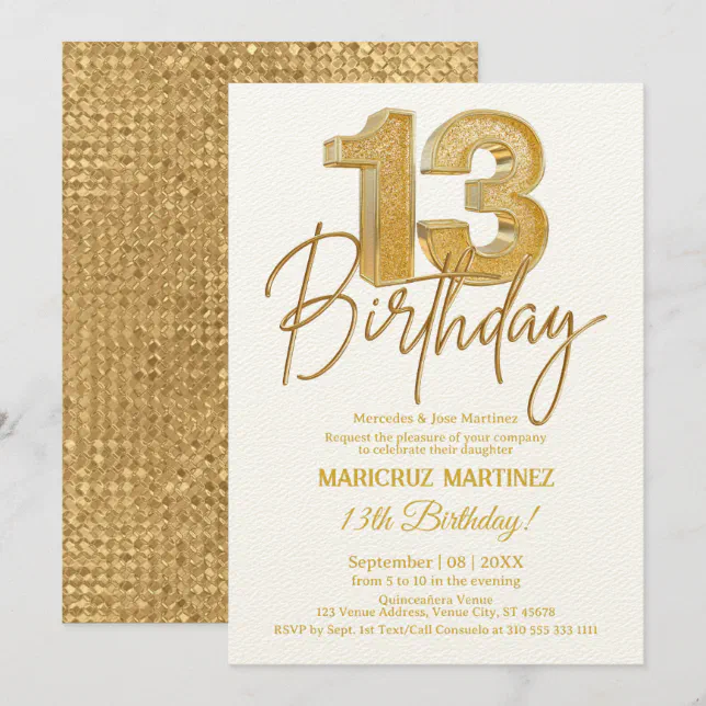 Modern 3D Gold Glitter 13th Birthday Party Invitation | Zazzle