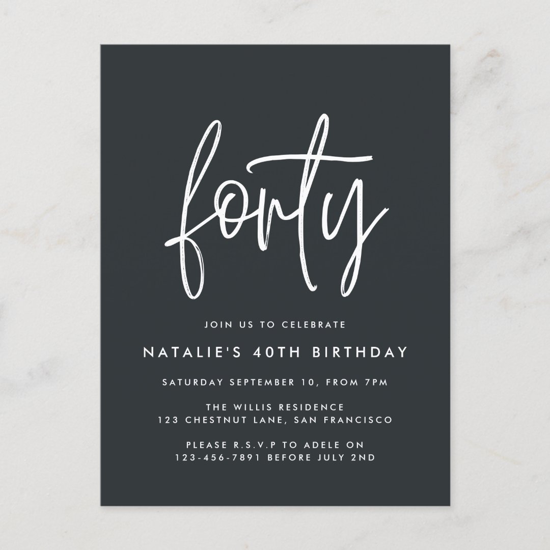 Modern 40th birthday simple stylish elegant script invitation postcard ...