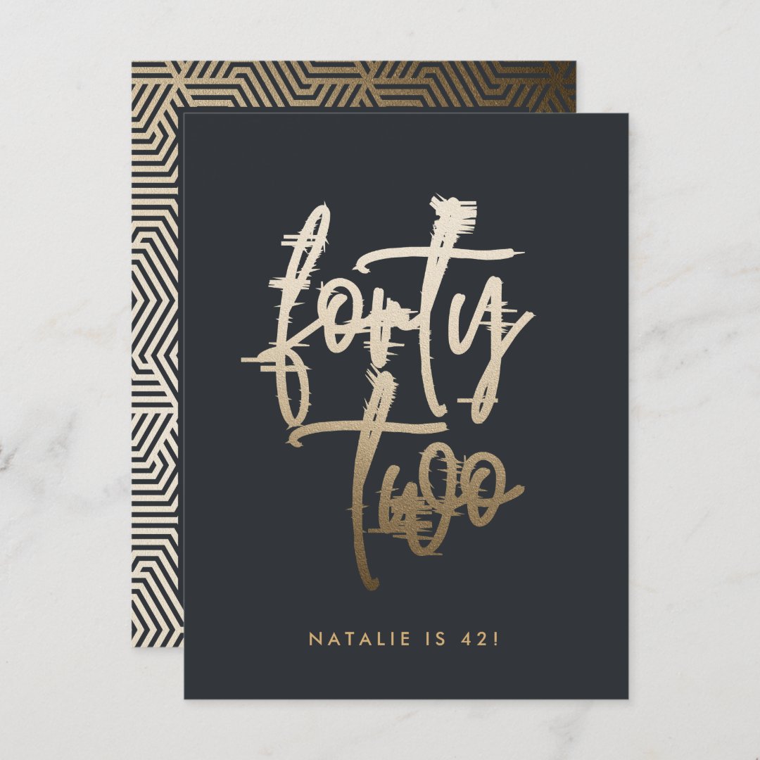 Modern 42nd birthday Black gold elegant script Invitation Postcard | Zazzle