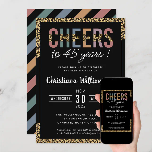 Modern 45th Birthday Party Leopard Print Elegant Invitation | Zazzle