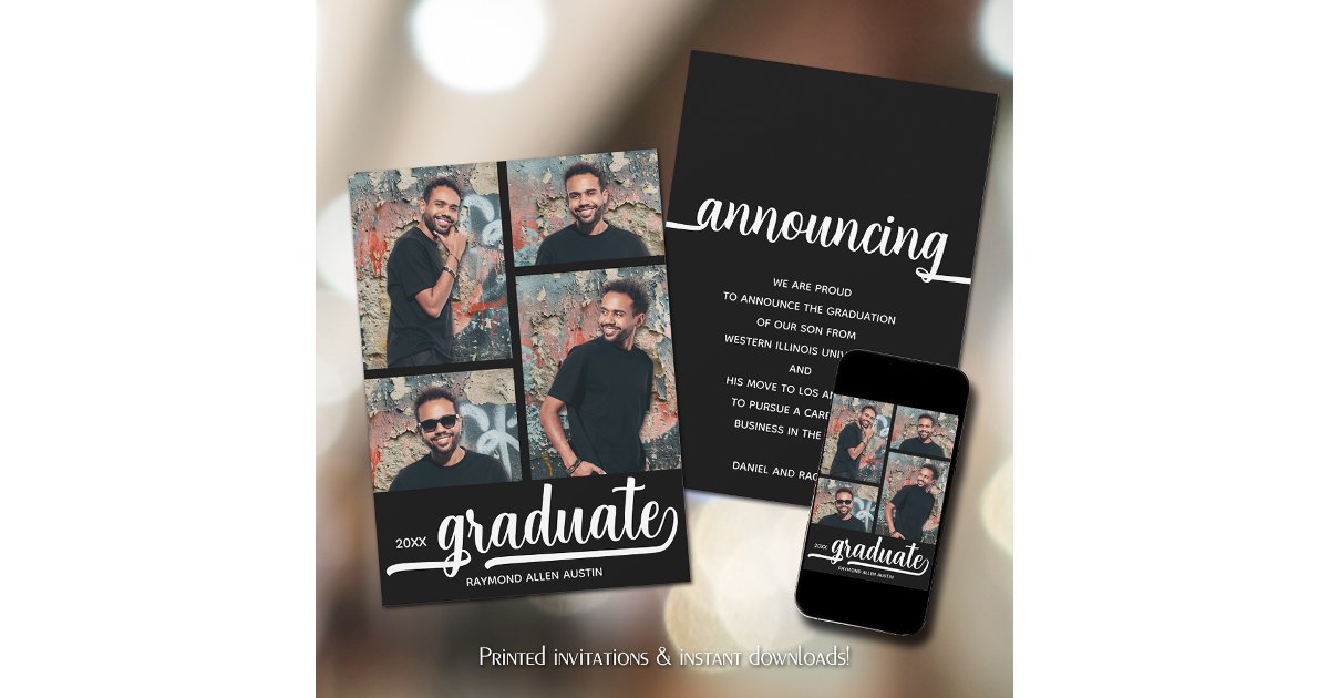 Modern 4 Photo Collage Black Graduation Announcement | Zazzle