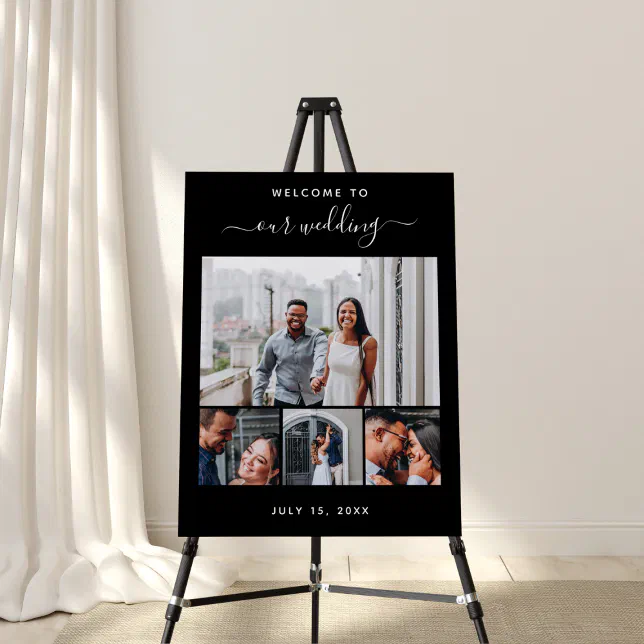 Modern 4 Photo Collage Black Wedding Welcome Sign | Zazzle