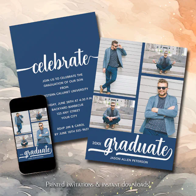 Modern 4 Photo Collage Blue Graduation Invitation | Zazzle
