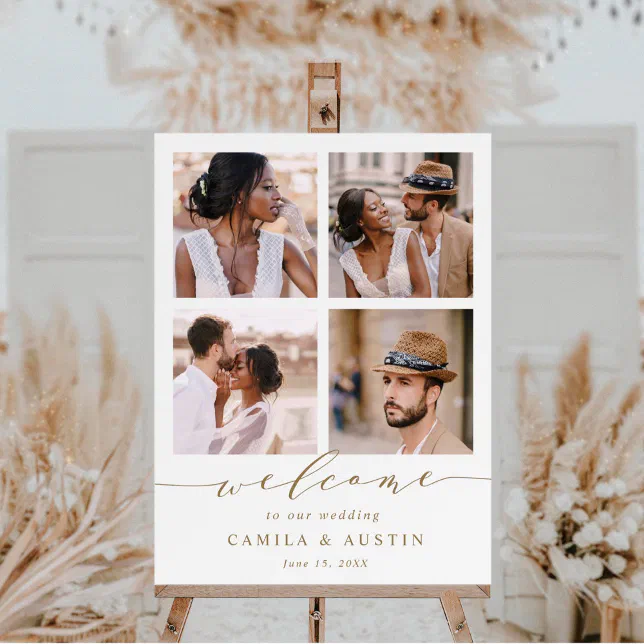 Modern 4 Photo Collage Gold Wedding Welcome Sign | Zazzle