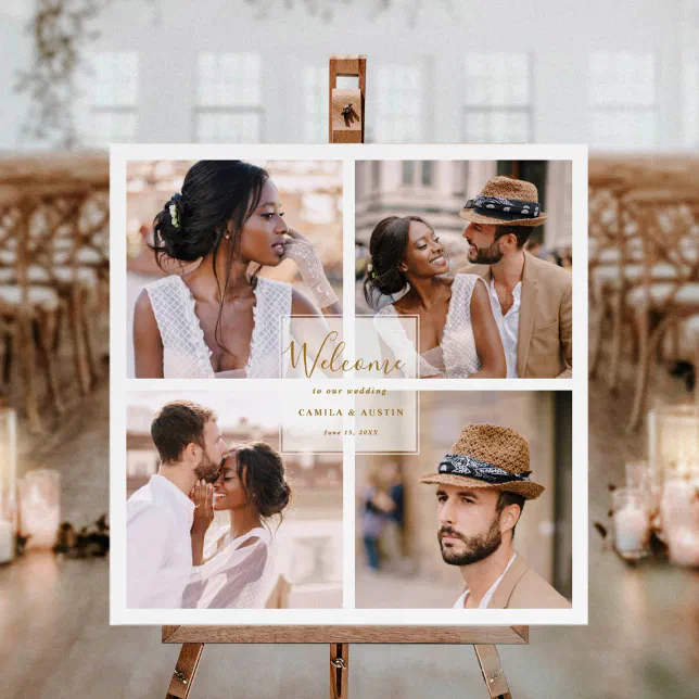 Modern 4 Photo Collage Gold Wedding Welcome Square Foam Board | Zazzle