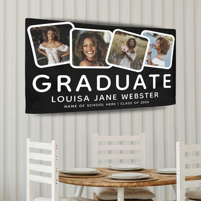 Modern 4 Photo Collage Graduate Graduation Black Banner | Zazzle
