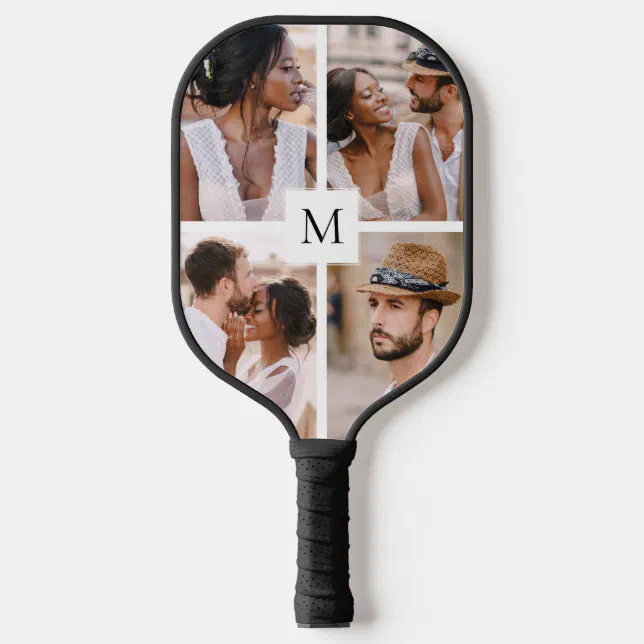 Modern 4 Photo Collage Monogram Pickleball Paddle | Zazzle