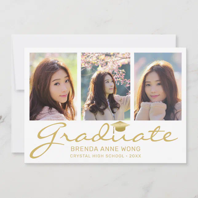 Modern 4 Photo Collage Script White Graduation Announcement | Zazzle
