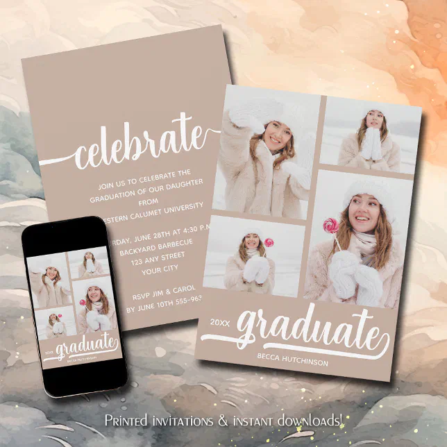 Modern 4 Photo Collage Taupe Graduation Invitation | Zazzle