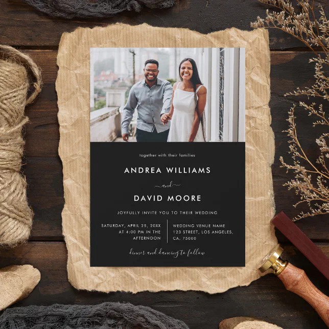 Modern 4 Photo Collage Typography Black Wedding Invitation | Zazzle