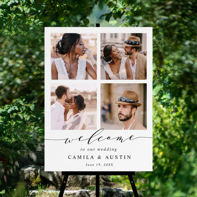 Modern 4 Photo Collage Wedding Welcome Sign | Zazzle