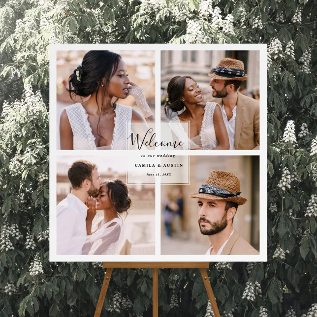 Modern 4 Photo Collage Wedding Welcome Square Sign | Zazzle